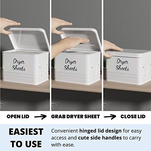 QUILIVIK Farmhouse Metal Dryer Sheet Holder for Laundry Room with Hinged Lid - Large Metal Fabric Softener Dispenser - Dryer Sheet Container with Tray.(Glossy White)