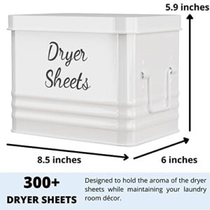 QUILIVIK Farmhouse Metal Dryer Sheet Holder for Laundry Room with Hinged Lid - Large Metal Fabric Softener Dispenser - Dryer Sheet Container with Tray.(Glossy White)