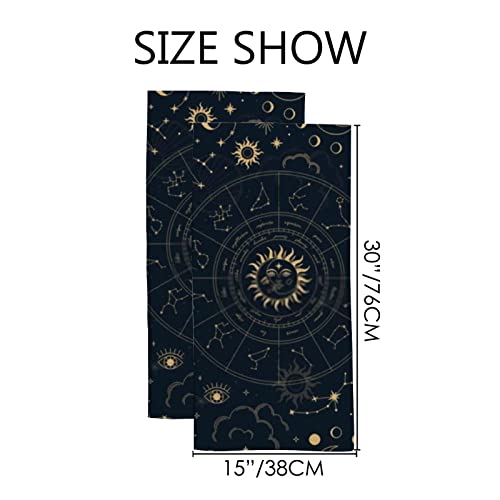 Hand Towels Face Towels Set of 2 Mystical Constellations Zodiac Wheel Soft Comfortable Polyester Microfiber Fast Water Absorbent Towels for Bathroom Kitchen 30X15 Inch