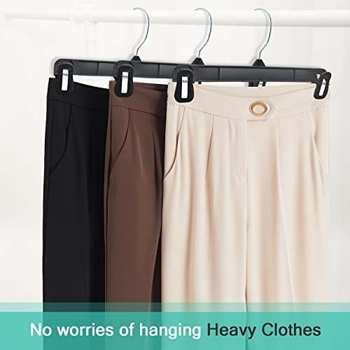 Chileuma 10 Pack Clothes Pants Hangers, Space-Saving, 360° Swivel Hooks, Trousers Pants Clothes Shorts Skirt Jeans Hangers, Plastic Pant Hangers with Clips for Closet, Black