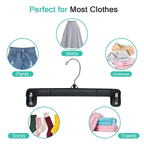 Chileuma 10 Pack Clothes Pants Hangers, Space-Saving, 360° Swivel Hooks, Trousers Pants Clothes Shorts Skirt Jeans Hangers, Plastic Pant Hangers with Clips for Closet, Black