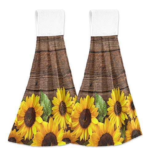 Spring Summer Sunflowers Hanging Kitchen Towel Autumn Yellow Flowers Wooden Hand Tie Towels Set 2 Pcs Tea Bar Dish Cloths Dry Towel Soft Absorbent Durable for Bathroom Laundry Room Decor