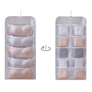 huajuhui l&z hanging storage organizer-cloth dual sided wall shelf wardrobe bags for underwear bra socks clothes storage hanging bags, with mesh pockets & rotating metal hanger(gray,5+10 grids)