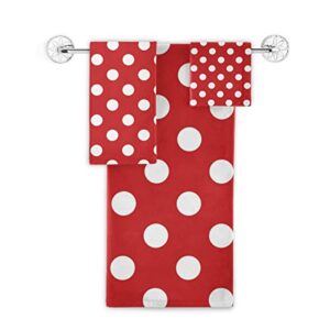 cataku towels set 3-piece, polka dot canvas towel bathroom sets, 1 bath towel, 1 washcloth, 1hand towel, red and white towel set of 3 soft multifuntion for home kitchen hotel gym swim spa.