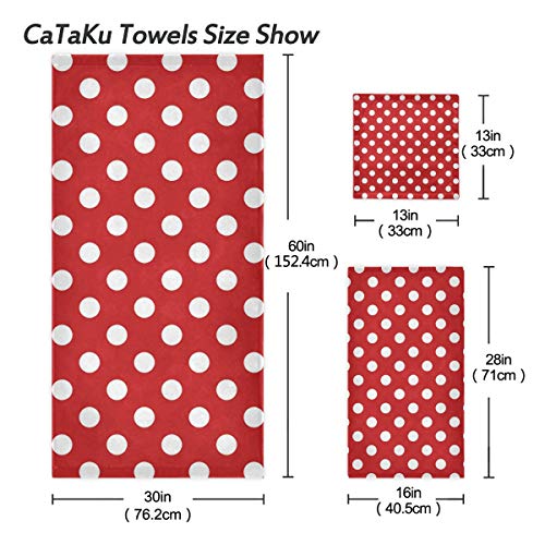 CaTaKu Towels Set 3-Piece, Polka Dot Canvas Towel Bathroom Sets, 1 Bath Towel, 1 Washcloth, 1Hand Towel, Red and White Towel Set of 3 Soft Multifuntion for Home Kitchen Hotel Gym Swim Spa.