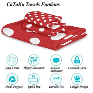 CaTaKu Towels Set 3-Piece, Polka Dot Canvas Towel Bathroom Sets, 1 Bath Towel, 1 Washcloth, 1Hand Towel, Red and White Towel Set of 3 Soft Multifuntion for Home Kitchen Hotel Gym Swim Spa.