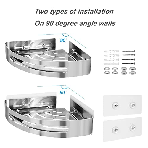 Gueryee Shower Wall Caddy Shelf Corner, Shower Rack Organizer, SUS 304 Stainless Steel Shower Storage Organization with 4 Hooks, Adhesive Bathroom Shower Shelf Large Capacity and Heavy Duty