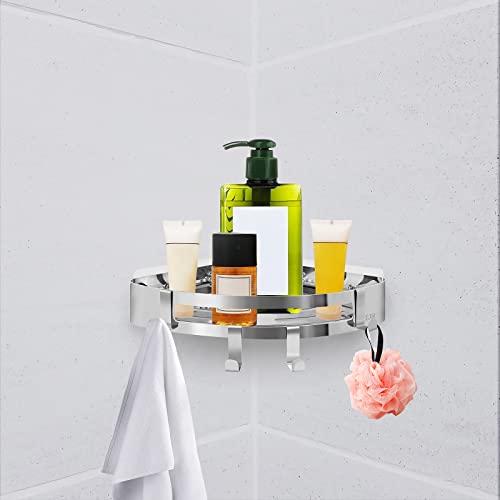 Gueryee Shower Wall Caddy Shelf Corner, Shower Rack Organizer, SUS 304 Stainless Steel Shower Storage Organization with 4 Hooks, Adhesive Bathroom Shower Shelf Large Capacity and Heavy Duty