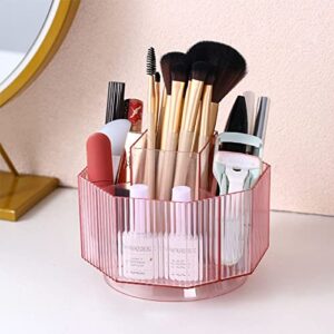 linfidite 360°rotating makeup brush holder cosmetic display case clear makeup lip gloss organizer case with 5 slots round turntable storage tray for vanity, bathroom, counter organizer clear pink