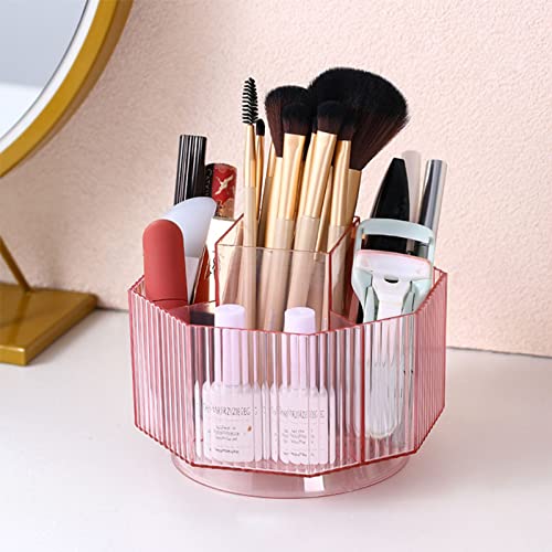 LINFIDITE 360°Rotating Makeup Brush Holder Cosmetic Display Case Clear Makeup Lip Gloss Organizer Case with 5 Slots Round Turntable Storage Tray for Vanity, Bathroom, Counter Organizer Clear Pink