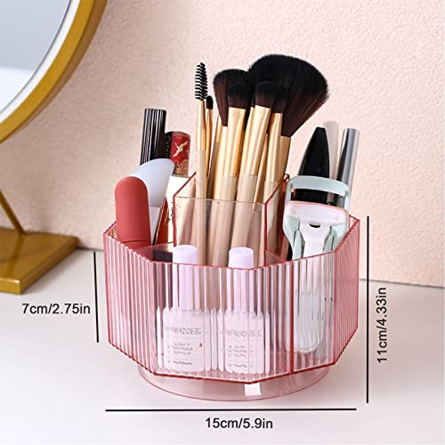 LINFIDITE 360°Rotating Makeup Brush Holder Cosmetic Display Case Clear Makeup Lip Gloss Organizer Case with 5 Slots Round Turntable Storage Tray for Vanity, Bathroom, Counter Organizer Clear Pink