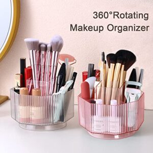 LINFIDITE 360°Rotating Makeup Brush Holder Cosmetic Display Case Clear Makeup Lip Gloss Organizer Case with 5 Slots Round Turntable Storage Tray for Vanity, Bathroom, Counter Organizer Clear Pink