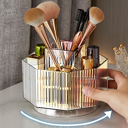 LINFIDITE 360°Rotating Makeup Brush Holder Cosmetic Display Case Clear Makeup Lip Gloss Organizer Case with 5 Slots Round Turntable Storage Tray for Vanity, Bathroom, Counter Organizer Clear Pink