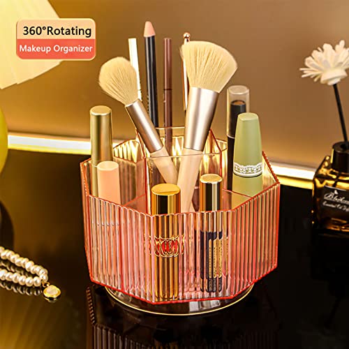 LINFIDITE 360°Rotating Makeup Brush Holder Cosmetic Display Case Clear Makeup Lip Gloss Organizer Case with 5 Slots Round Turntable Storage Tray for Vanity, Bathroom, Counter Organizer Clear Pink