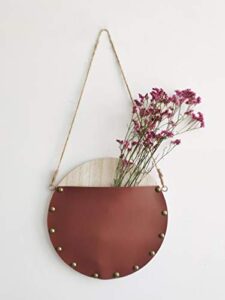 riseon handmade boho leather wall pocket wall hanging decorative storage organizer,natural rustic wall plant holder pouch,small wall displsy bin organizer