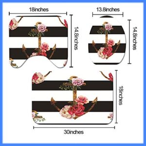 LyerArtork 4Pcs Nautical Shower Curtain Sets with Non-Slip Rug Toilet Lid Cover and Bath Mat Rose Striped Bathroom Curtains with 12 Hooks Washable Fabric Cloth Bathroom Decor