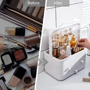 Clear Makeup Organizer, Large Cosmetic Storage Box with Covered, Dustproof & Waterproof, Display Case for Bathroom, Dresser, Countertop, Gift(White-XL)