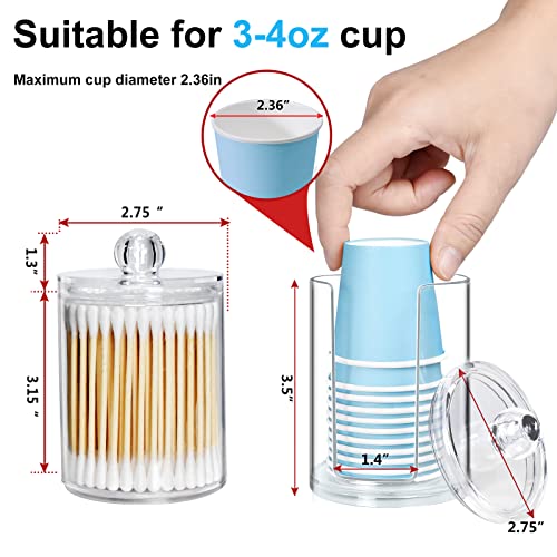 EOFJRUC Cup Dispenser for Bathroom 4 Pack, Qtip Holder for Cotton Ball Swab, Cotton Round Pads, Floss, Fit for 3-4 oz Cup for Bathroom Canister Storage Organization, Vanity Makeup Organizer-Clear…