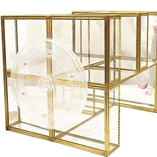 360 Degree Rotation Makeup Organizer Antique Countertop Cosmetic Storage Box Mirror Glass Beauty Display, Gold Spin Large Capacity Holder for Brushes Lipsticks Skincare Toner