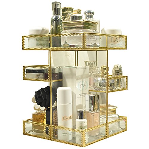 360 Degree Rotation Makeup Organizer Antique Countertop Cosmetic Storage Box Mirror Glass Beauty Display, Gold Spin Large Capacity Holder for Brushes Lipsticks Skincare Toner