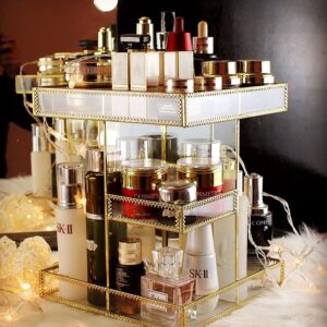 360 Degree Rotation Makeup Organizer Antique Countertop Cosmetic Storage Box Mirror Glass Beauty Display, Gold Spin Large Capacity Holder for Brushes Lipsticks Skincare Toner