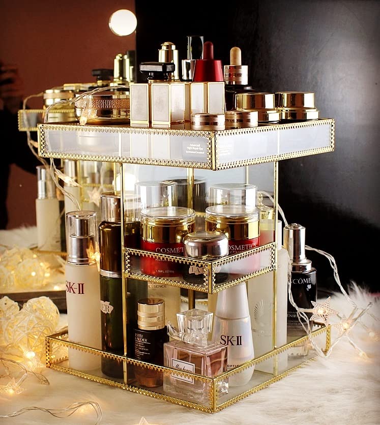 360 Degree Rotation Makeup Organizer Antique Countertop Cosmetic Storage Box Mirror Glass Beauty Display, Gold Spin Large Capacity Holder for Brushes Lipsticks Skincare Toner