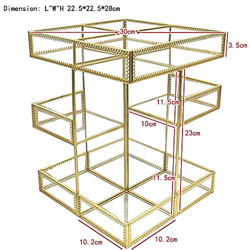 360 Degree Rotation Makeup Organizer Antique Countertop Cosmetic Storage Box Mirror Glass Beauty Display, Gold Spin Large Capacity Holder for Brushes Lipsticks Skincare Toner