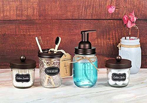 Amolliar 4PCS & 2pcs Bronze Mason Jar Bathroom Accessories Set-3pcs Foaming Soap Dispenser & 2pcs Cotton Swab Holder &1pcs Toothbrush Holder,Waterproof Stickers,Rustic Farmhouse Decor