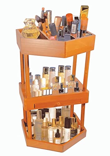 3-Layer Wooden Classical Cosmetic Organizer，360°Rotating Cosmetic Display Case with Drawer Can Store Various Cosmetics, Jewelry and Perfume for Bedroom & Bathroom Countertops Dresser Vanity-Large