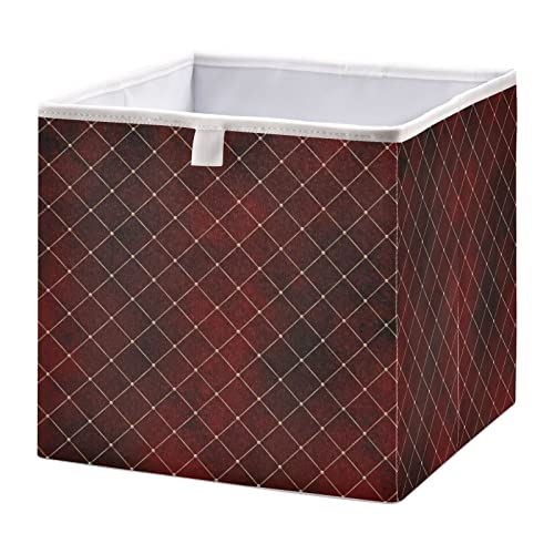 Fancy Burgundy Grid 11x11 Storage Cubes Fabric Storage Cubes Storage Bins with Handles Storage Boxes for Organizing Home, Office, Nursery, Shelf, Closet, Pack of 1