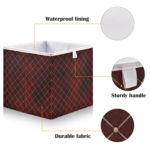 Fancy Burgundy Grid 11x11 Storage Cubes Fabric Storage Cubes Storage Bins with Handles Storage Boxes for Organizing Home, Office, Nursery, Shelf, Closet, Pack of 1