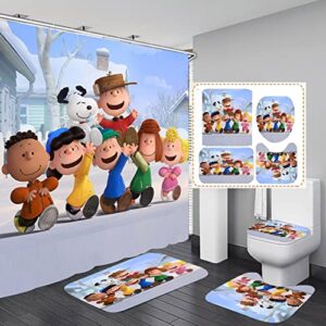 cartoon comic dog bathroom 4 pieces set shower curtain 72" x 72", toilet lid cover and bath mat, non-slip rugs, durable and waterproof, for bathroom decor set