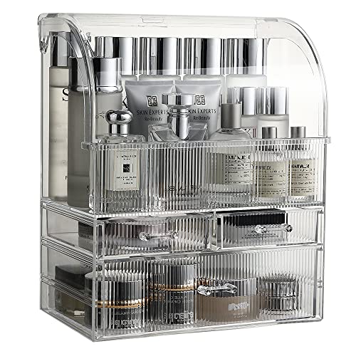 MOOCHI Clear Stripes Pattern Professional Large Cosmetic Makeup Organizer Dust Water Proof Cosmetics Storage Display Case with Drawers