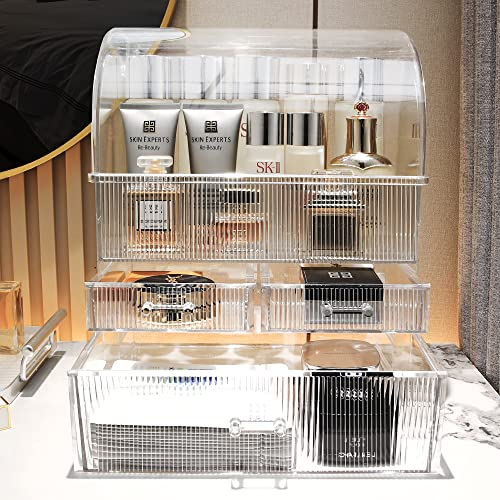 MOOCHI Clear Stripes Pattern Professional Large Cosmetic Makeup Organizer Dust Water Proof Cosmetics Storage Display Case with Drawers