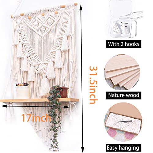 TENEWEE Boho Wall Hanging Shelf Macrame Plant Large Shelves for Bedroom Living room Apartment Decor 17" W x 31.5" L (Macrame shelf)