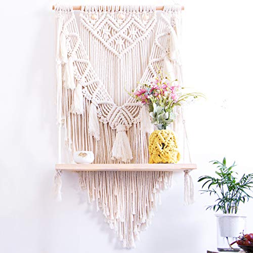 TENEWEE Boho Wall Hanging Shelf Macrame Plant Large Shelves for Bedroom Living room Apartment Decor 17" W x 31.5" L (Macrame shelf)