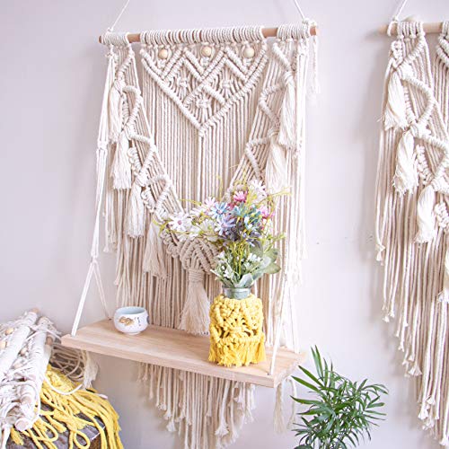 TENEWEE Boho Wall Hanging Shelf Macrame Plant Large Shelves for Bedroom Living room Apartment Decor 17" W x 31.5" L (Macrame shelf)