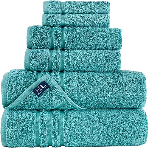 Hammam Linen 6-Piece Teal Turquoise Bath Towels Set for Bathroom Original Turkish Cotton Soft, Absorbent and Premium 2 Bath Towels, 2 Hand Towels, 2 Washcloths