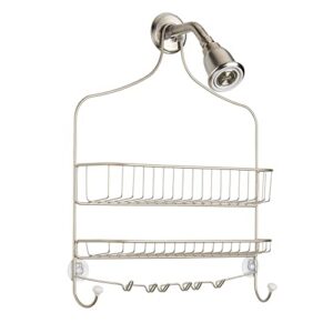 mDesign Metal Wire Tub & Shower Caddy, Hanging Storage Organizer Center with Built-In Hooks and Baskets on 2 Levels for Shampoo, Body Wash, Loofahs - Satin