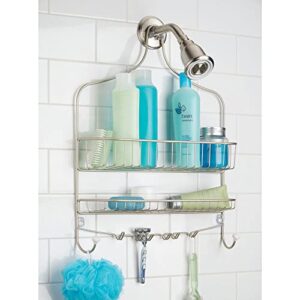 mDesign Metal Wire Tub & Shower Caddy, Hanging Storage Organizer Center with Built-In Hooks and Baskets on 2 Levels for Shampoo, Body Wash, Loofahs - Satin