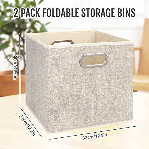 BiSiViO 13 Inch Fabric Cube Organizer, Foldable Cube Storage Bins Basket, Closet Organizers Box, Home Organizers with Handle for Shelves, Closet, Kallax, Office, 2 Packs (Beige)