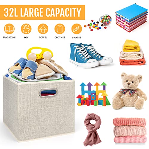 BiSiViO 13 Inch Fabric Cube Organizer, Foldable Cube Storage Bins Basket, Closet Organizers Box, Home Organizers with Handle for Shelves, Closet, Kallax, Office, 2 Packs (Beige)