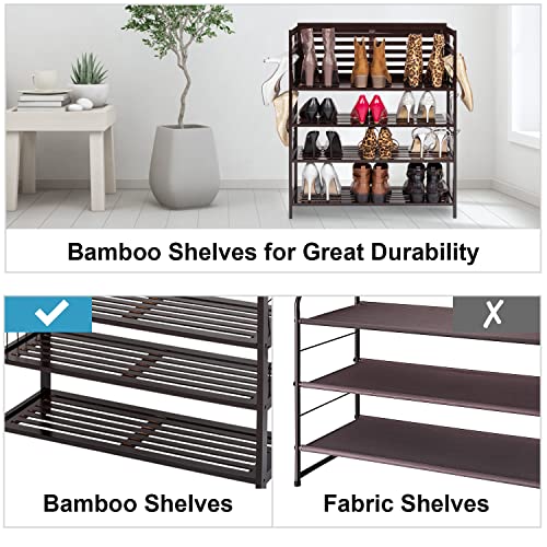 kinbor 5 Tier Shoe Rack Storage Organizer - Bamboo Shoe Shelf with 12 Hanging Bars and Removable Top Shelf for Living Room, Hallway, Entryway, Balcony, Dark Brown