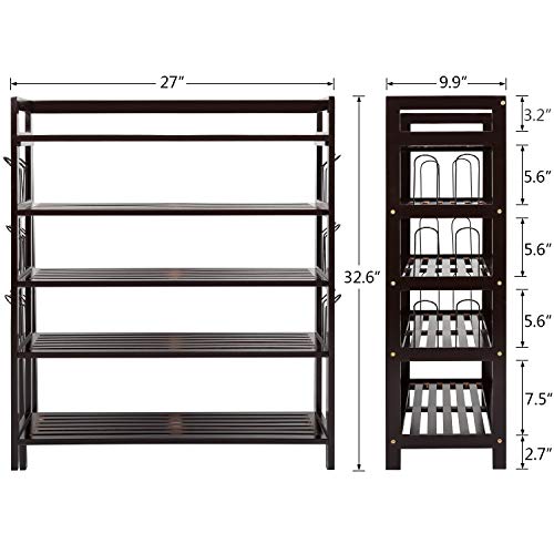 kinbor 5 Tier Shoe Rack Storage Organizer - Bamboo Shoe Shelf with 12 Hanging Bars and Removable Top Shelf for Living Room, Hallway, Entryway, Balcony, Dark Brown