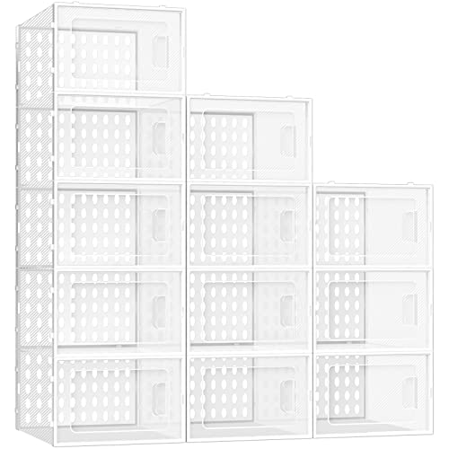 Fixwal 12 Pack Shoe Storage Box, Shoe Organizer Boxes, Clear Stackable Plastic Shoe Boxes with Lids, Shoe Organizers for Closet, Shoe Display Case, Sneaker Storage Bins Holders