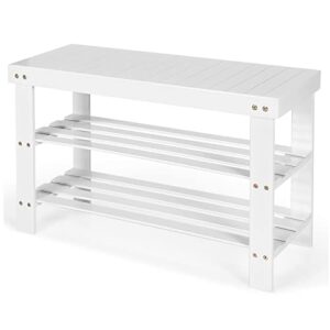 kotek shoe rack bench 3-tier bamboo shoe shelf organizer entryway bench holds up to 220 lbs, shoe storage rack for hallway, bathroom, living room (white)