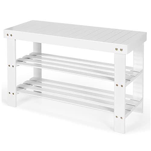 KOTEK Shoe Rack Bench 3-Tier Bamboo Shoe Shelf Organizer Entryway Bench Holds up to 220 lbs, Shoe Storage Rack for Hallway, Bathroom, Living Room (White)