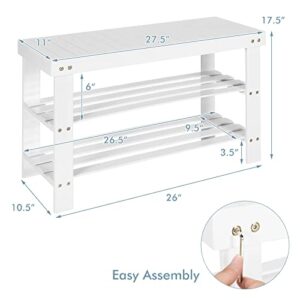 KOTEK Shoe Rack Bench 3-Tier Bamboo Shoe Shelf Organizer Entryway Bench Holds up to 220 lbs, Shoe Storage Rack for Hallway, Bathroom, Living Room (White)