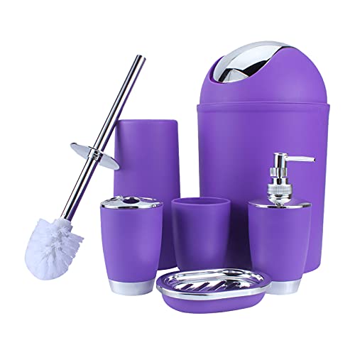 Bathroom Accessories Set, Purple Bathroom Accessories Set, 6Pcs Plastic Bathroom Accessory Set with Tumbler Toothbrush Holder Soap Dispenser Soap Dish Mini Trash Can Toilet Brush with Holder