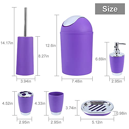 Bathroom Accessories Set, Purple Bathroom Accessories Set, 6Pcs Plastic Bathroom Accessory Set with Tumbler Toothbrush Holder Soap Dispenser Soap Dish Mini Trash Can Toilet Brush with Holder